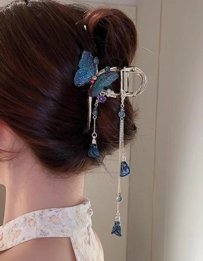 Заколка краб для волос WSB865 металлическая бабочка с подвесками