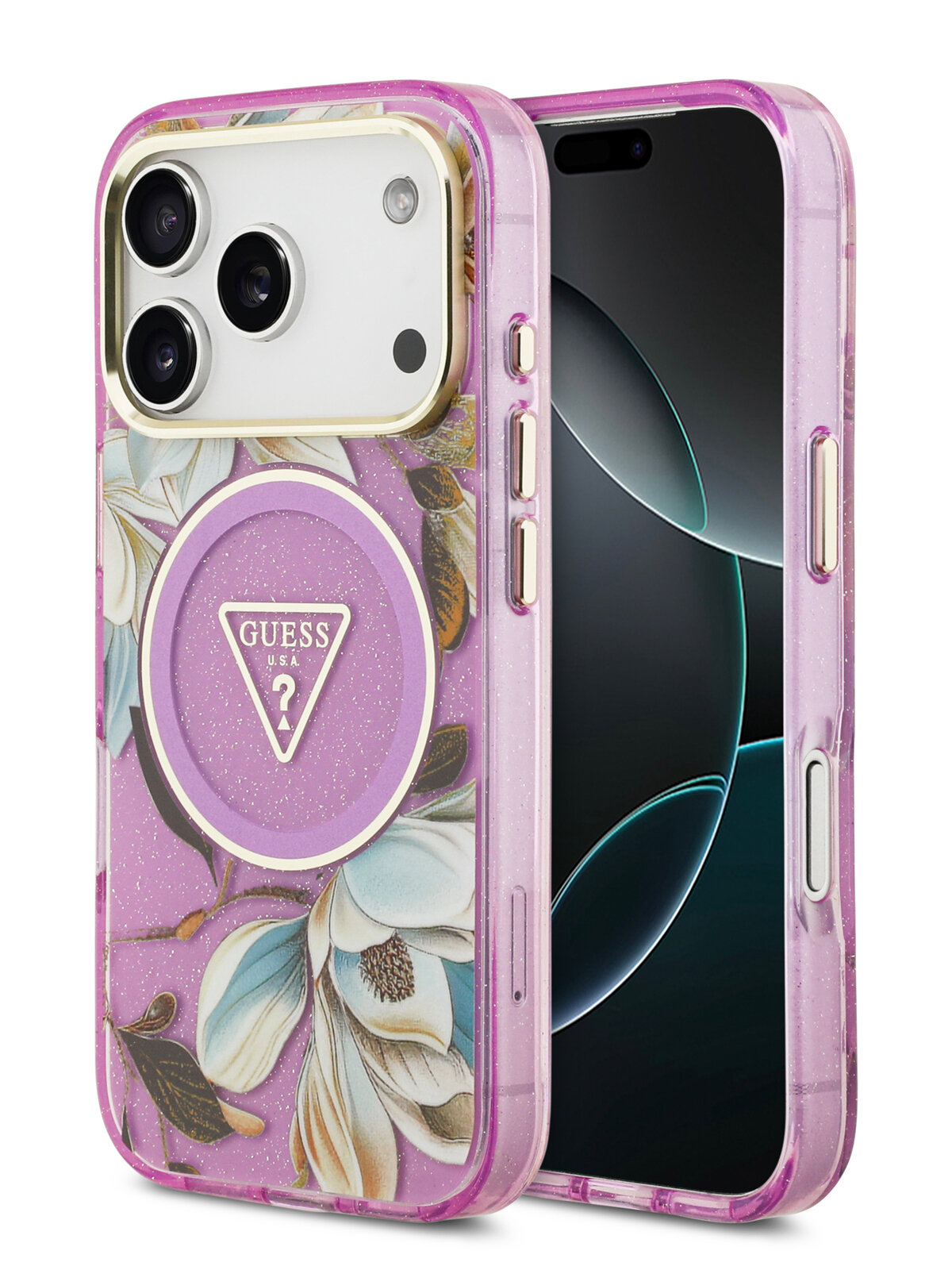 Чехол Guess на iPhone 17 Pro Max, с магнитами MagSafe, с принтом IML, с напылением из блесток, фиолетовый