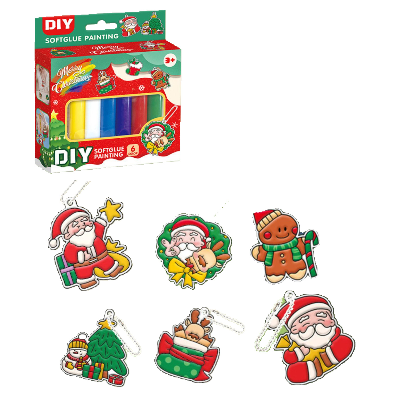DIY набор для граффити 3D безклеймовый мультяжный подвешенный брелок, набор для ручного изготовления кристаллических клеевых украшений с рождественской тематикой, 6 ручек с клеем 6мл (желтый, красный, фиолетовый, синий, зеленый, белый), 6 бусин