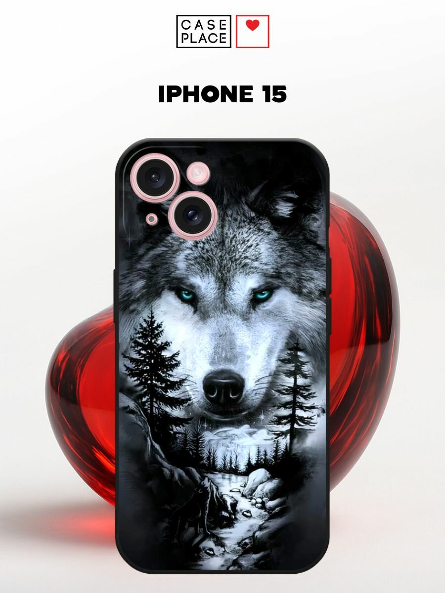 Черный матовый чехол на Apple iPhone 15 / Айфон 15 с принтом Волк в зимнем лесу