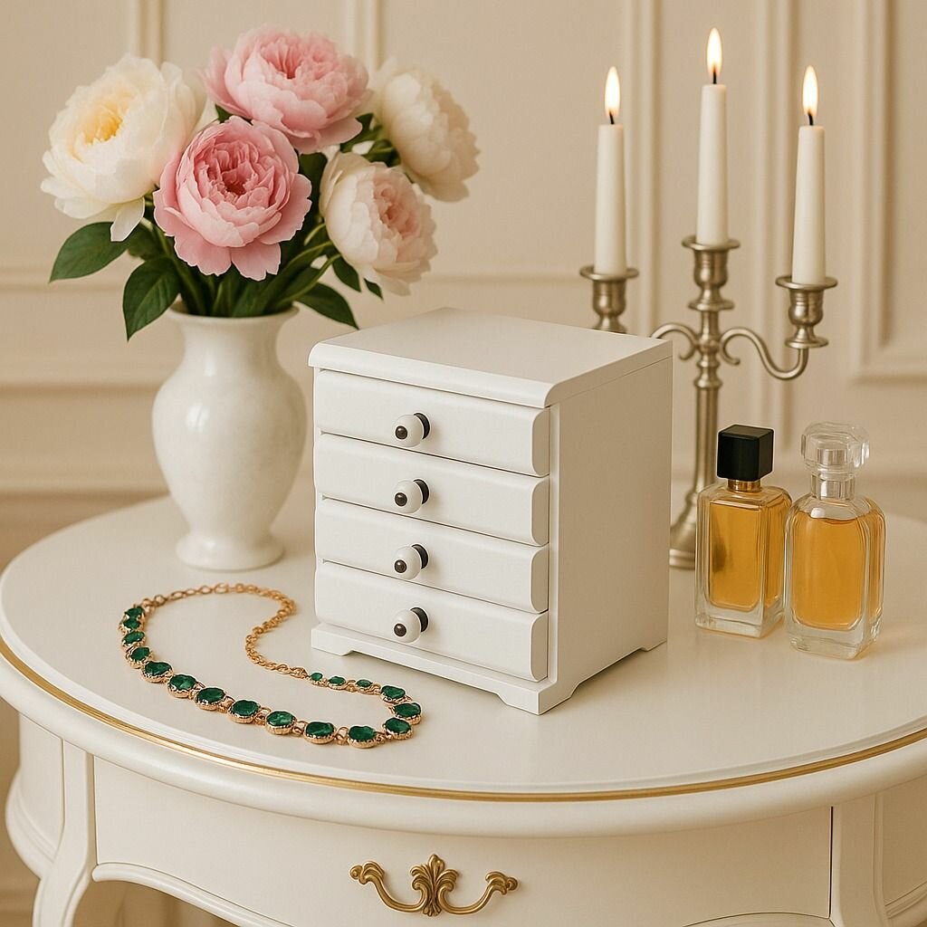 Шкатулка мини-комод 20*21*14 на 4 отделения с фарфоровыми ручками.