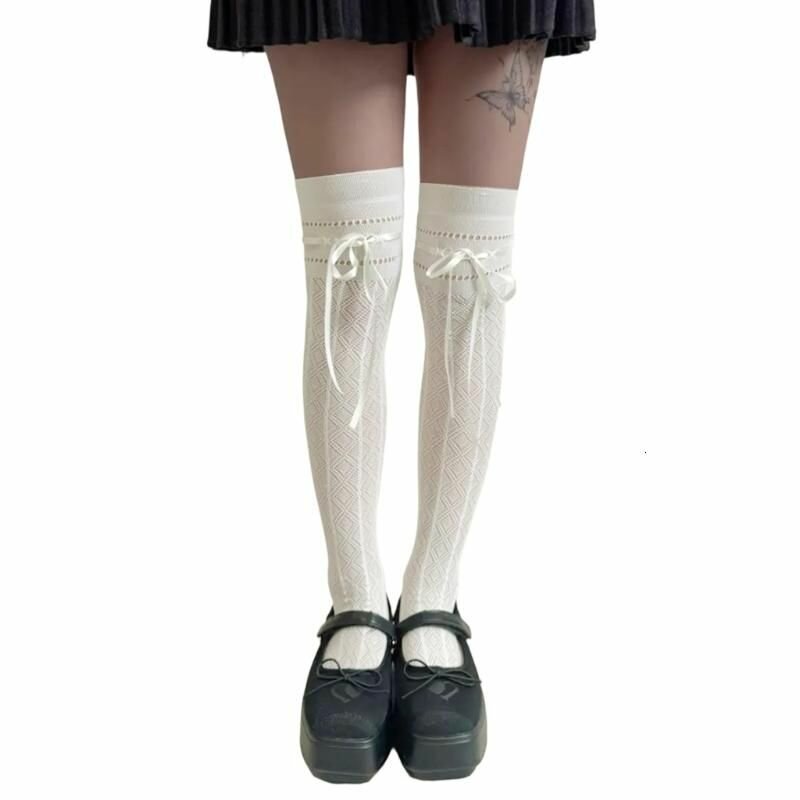 Чулки с узором "рыбья сеть", Белый