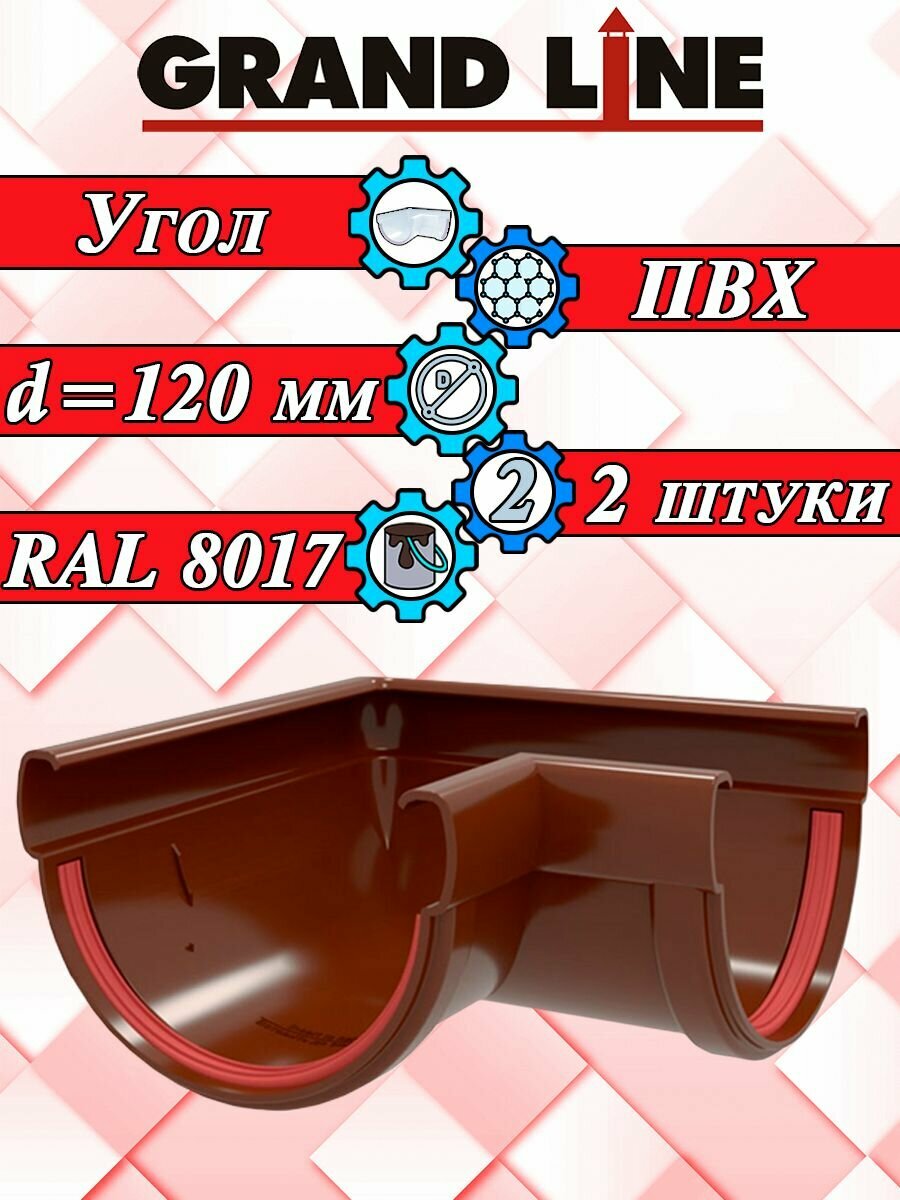Угол желоба 2 штуки 90 Grand Line внешний/внутренний ПВХ коричневый RAL 8017 (d 120 мм) для водосточной системы ГЛ (120/90) элемент водостока для крыши