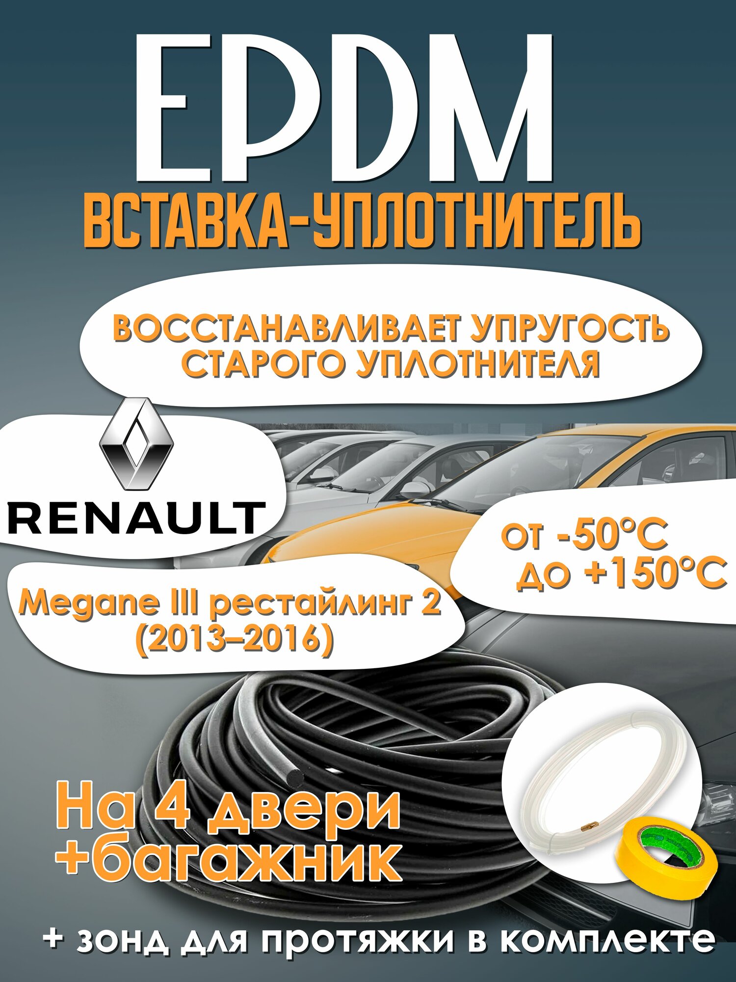EPDM вставка-уплотнитель для дверей автомобиля Renault Megane III рестайлинг 2 (2013-2016) / Рено Меган 3 поколение рестайлинг 2