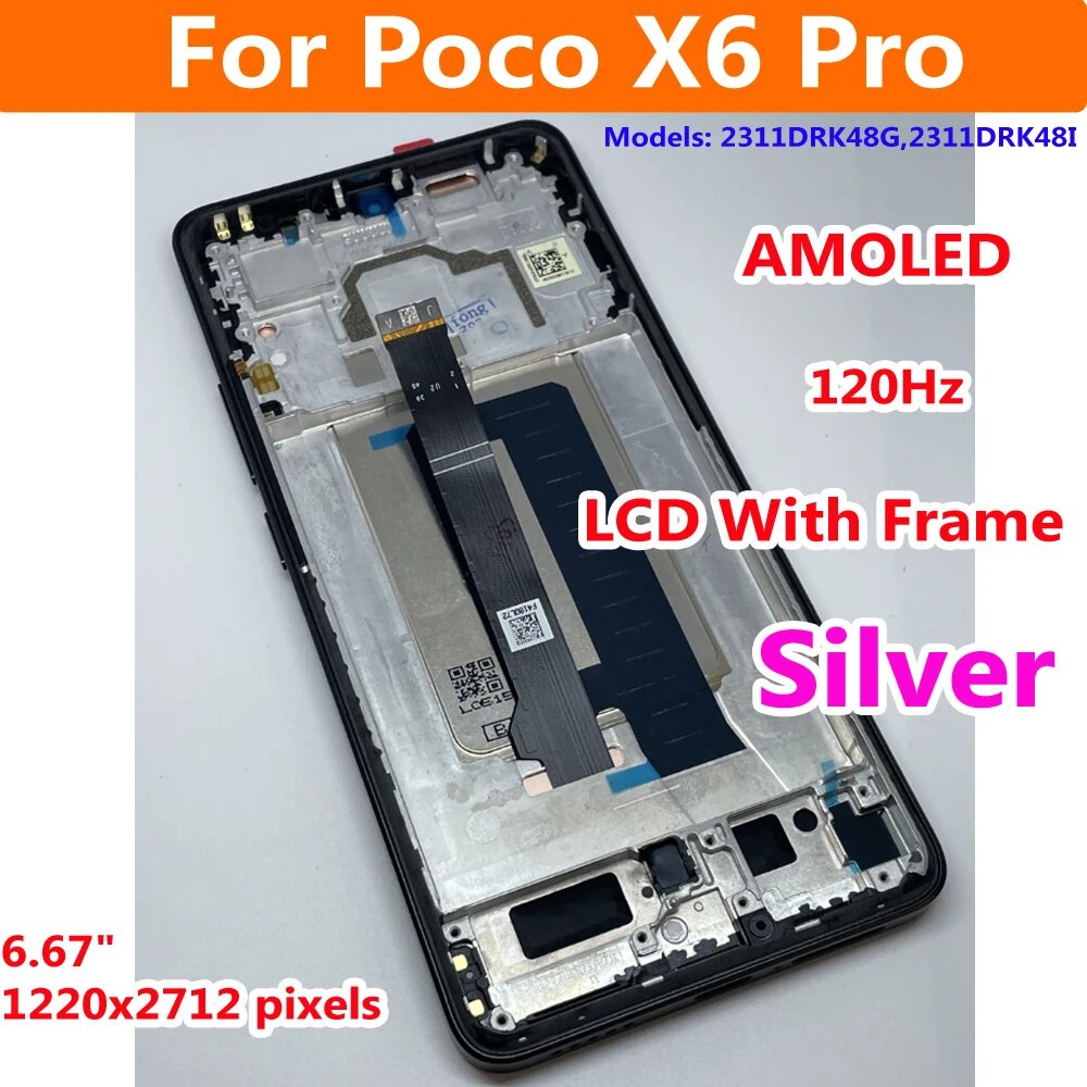 6,67 "оригинальный AMOLED для Xiaomi Poco X6 Pro ЖК-экран сенсорная панель дигитайзер в сборе сенсор мобильная рамка Pantalla LCD with Silver Fram