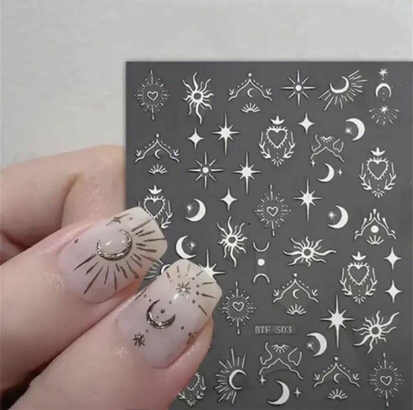 Слайдеры наклейки для ногтей / маникюра серебряные: сердечки, ромбики, звезды, луна, месяц