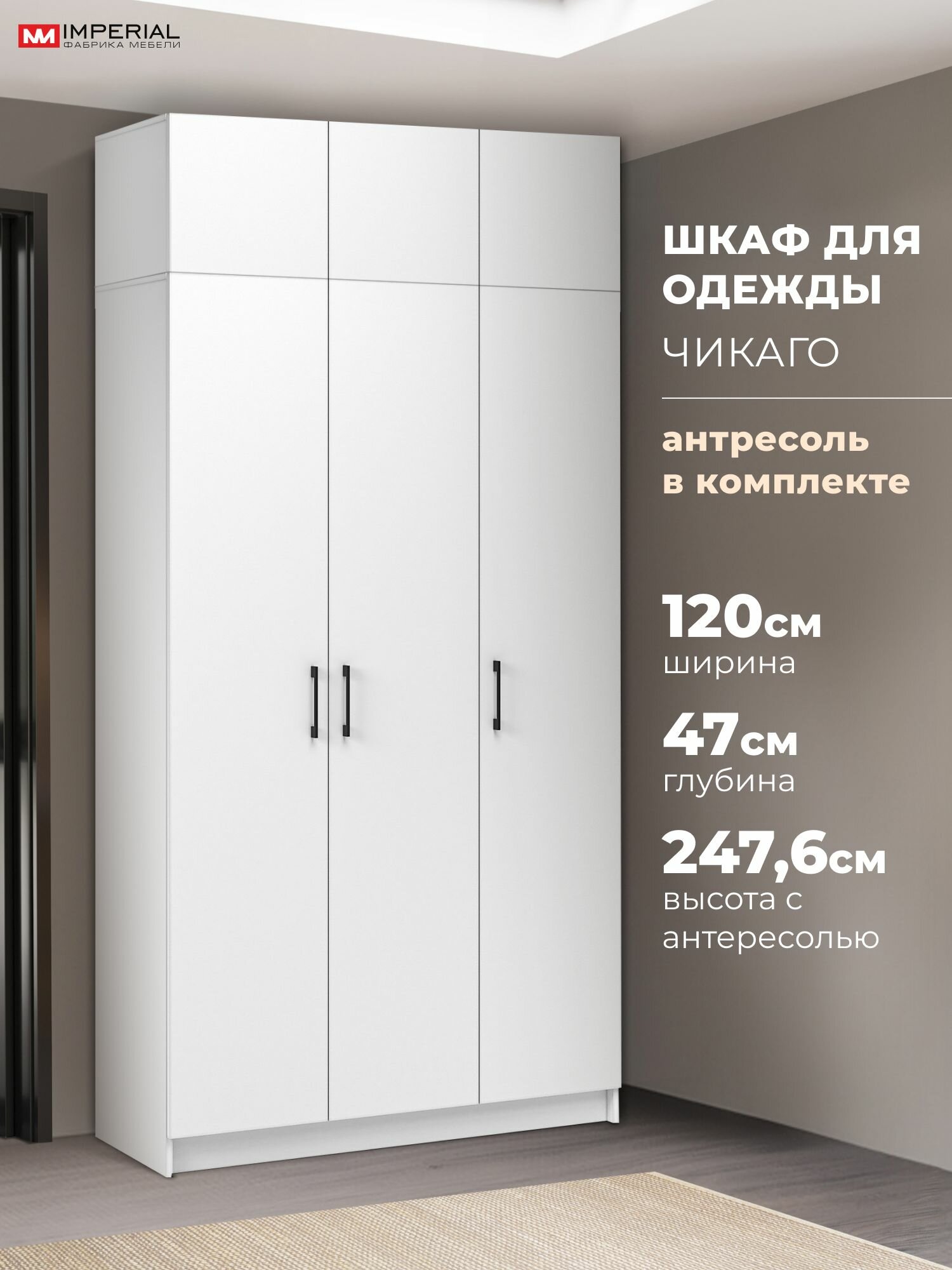 Шкаф распашной для одежды + антресоль Чикаго 3д, белый