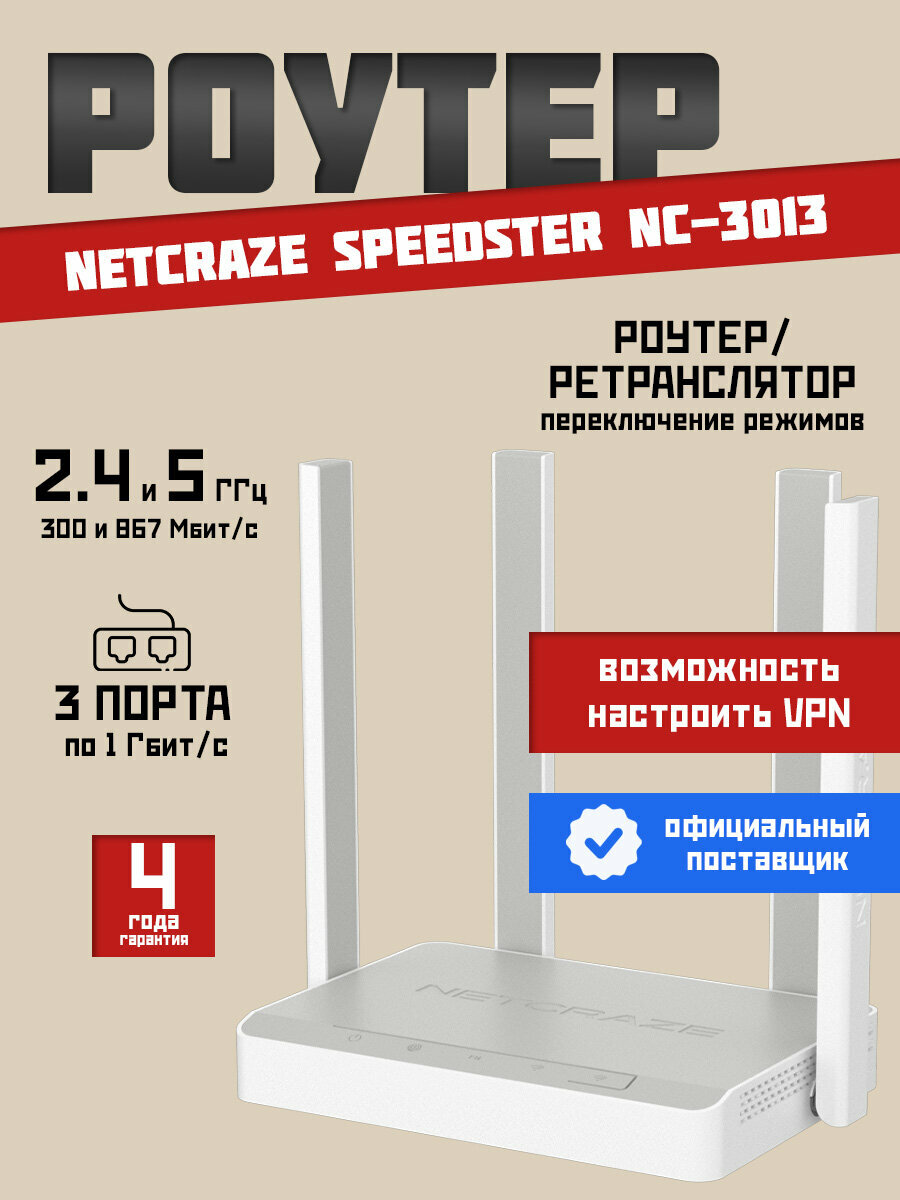 Роутер Wi-Fi Netcraze Speedster NC-3013 до 1000 Мбит/с, режим роутер/ретранслятор