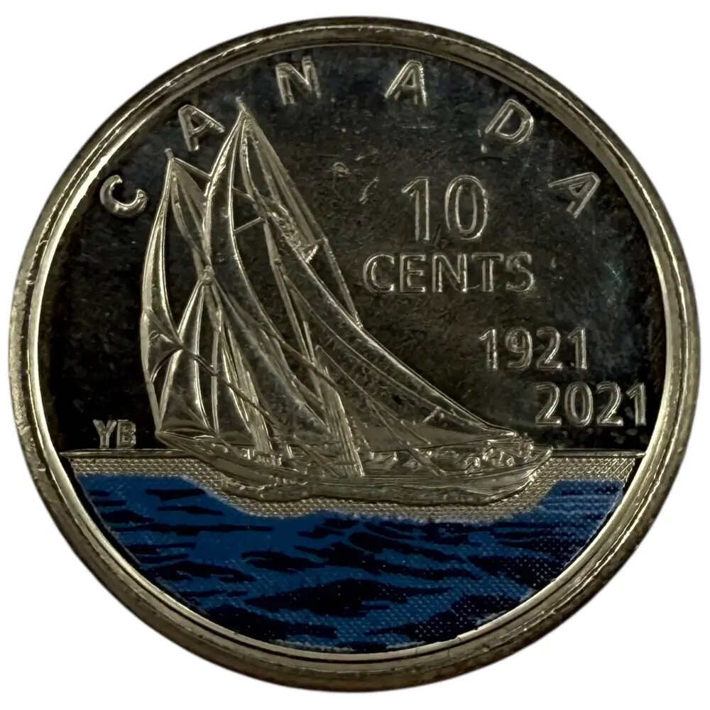 Канада 10 центов 2021 г. (100 лет кораблю Bluenose) (Даты справа) (Цветное покрытие)