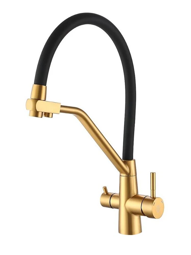 Смеситель для кухни РМС SUS127G-016F-015 с гибким изливом, с краном для питьевой воды, с поворотным изливом, золотой, матовый, однорычажный, нержавеющая сталь, с керамическим картриджем