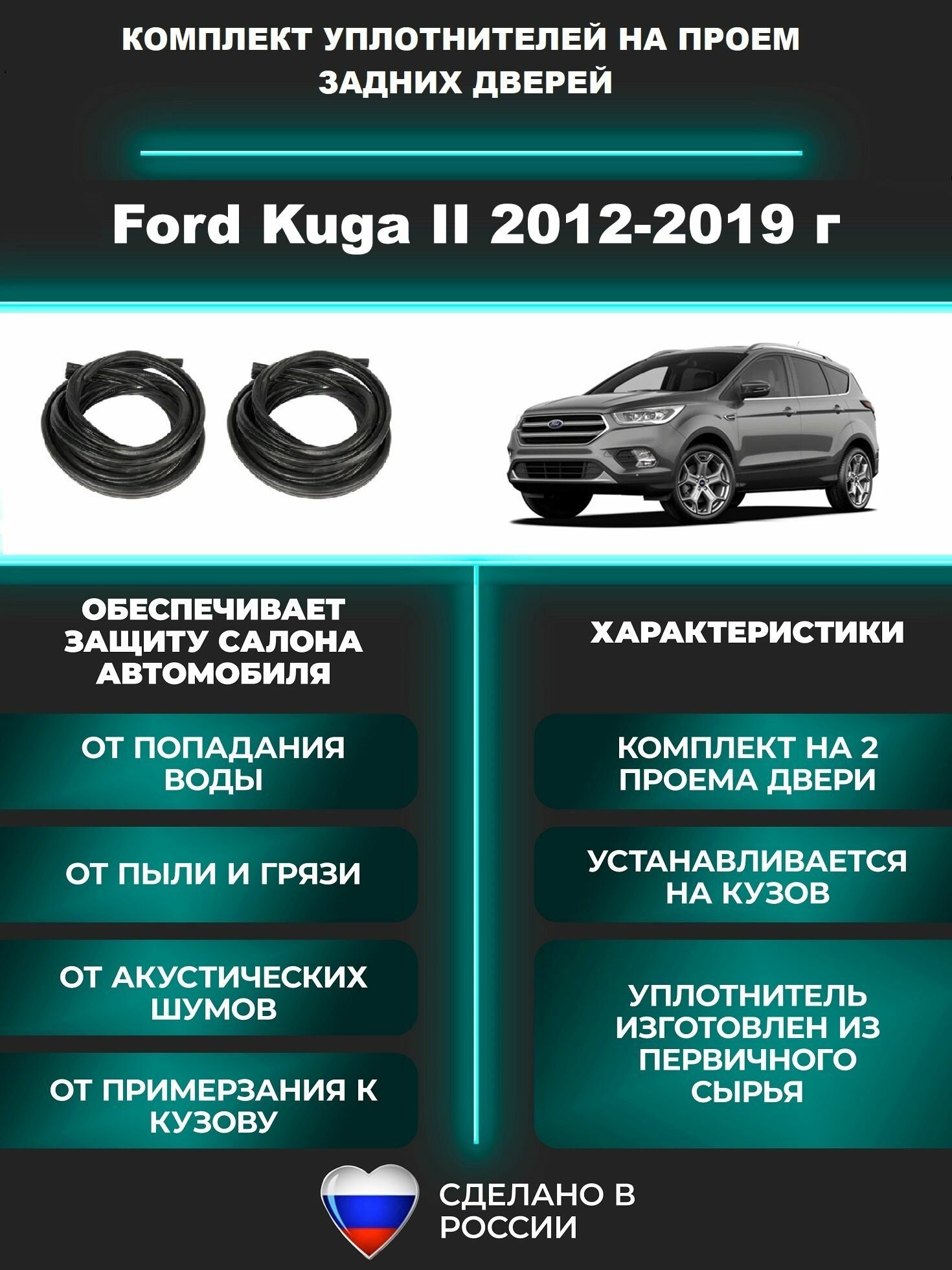 Комплект уплотнителей проема задних дверей подходят на Ford Kuga II 2012-2019 г; Форд Куга - 2 шт