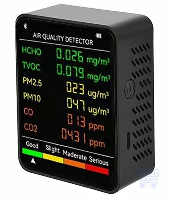 Монитор качества воздуха 6 в 1. Детектор СО2, угарного газа CO, пылевых частиц PM2.5 и PM10, HCHO формальдегида, TVOC летучих органических веществ.