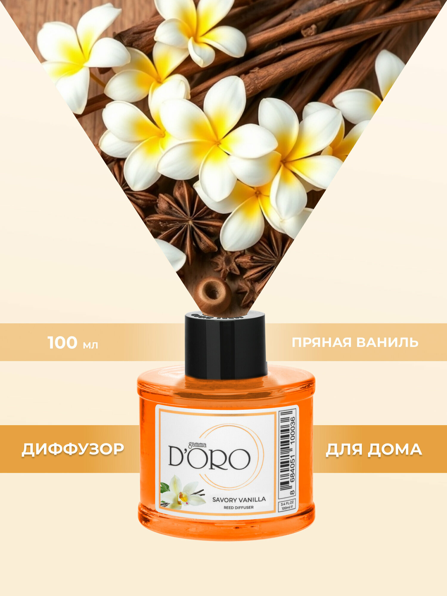 Ароматический диффузор для дома с палочками GAMMA D’ORO Пряная ваниль 100 мл