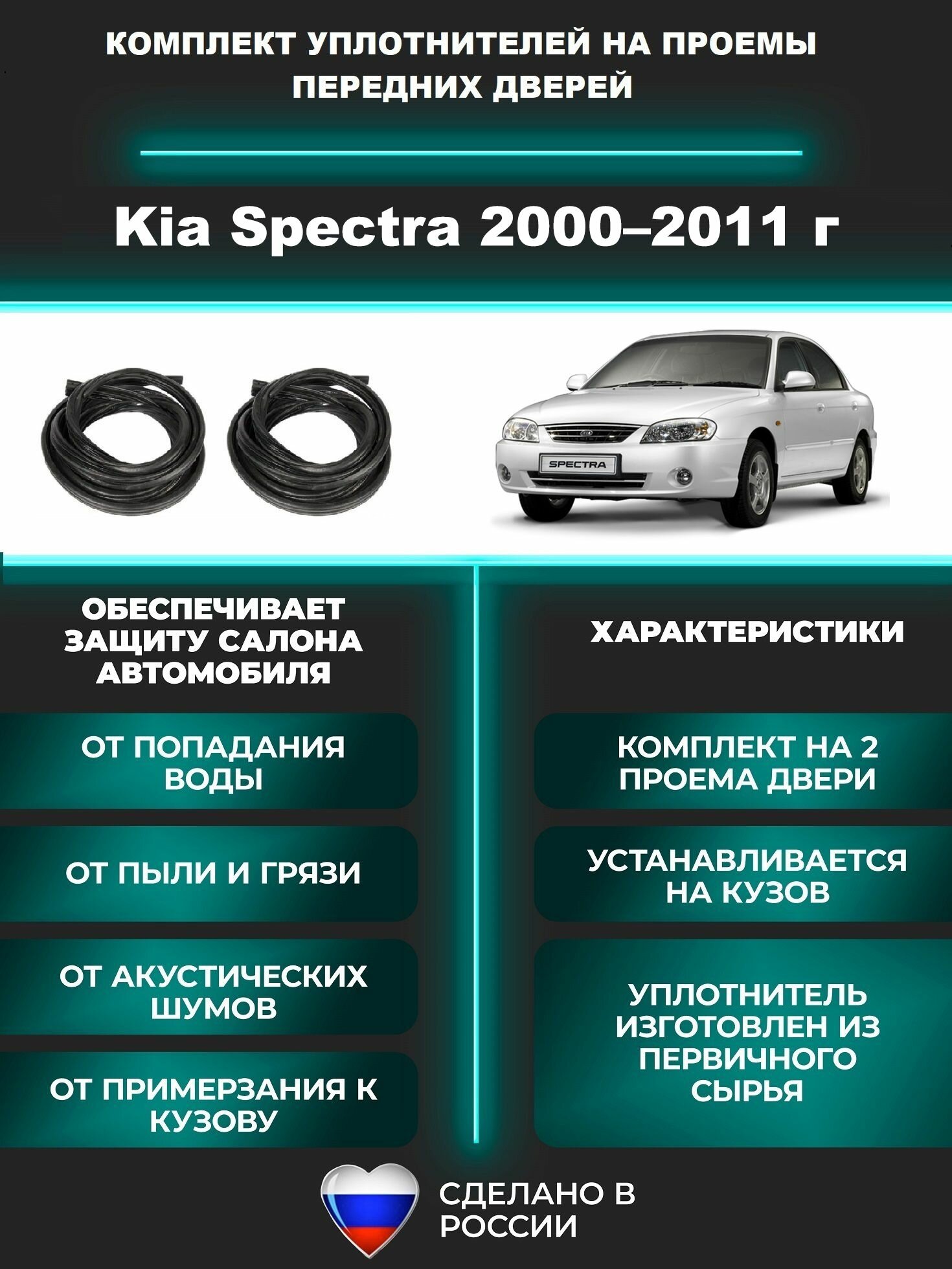 Комплект уплотнителей проемов передних дверей, подходит на Kia Spectra 2000-2011 г, Киа Спектра 2 шт