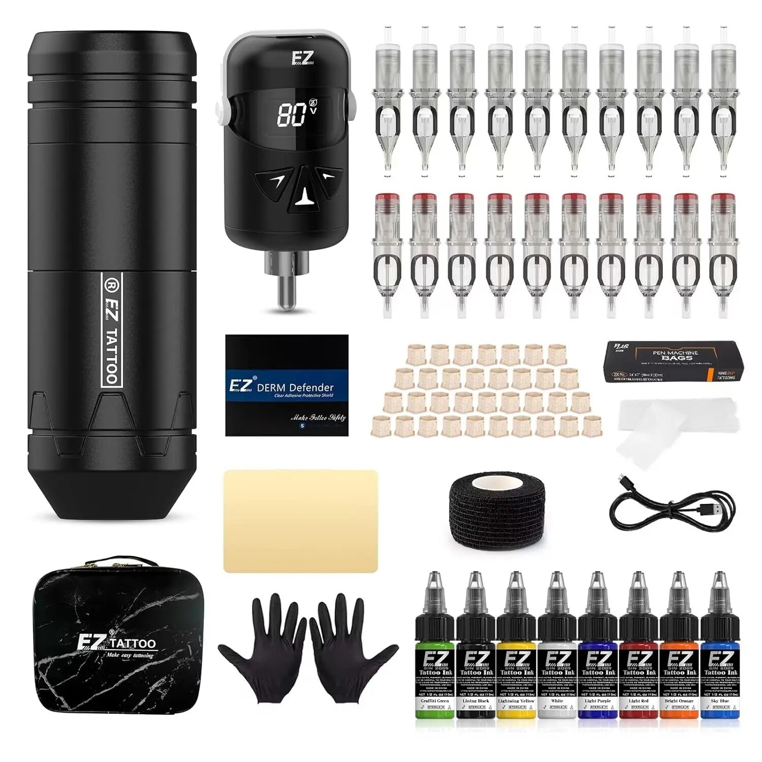 Набор беспроводной тату-машинки EZ, 1100 мАч, 20 шт.