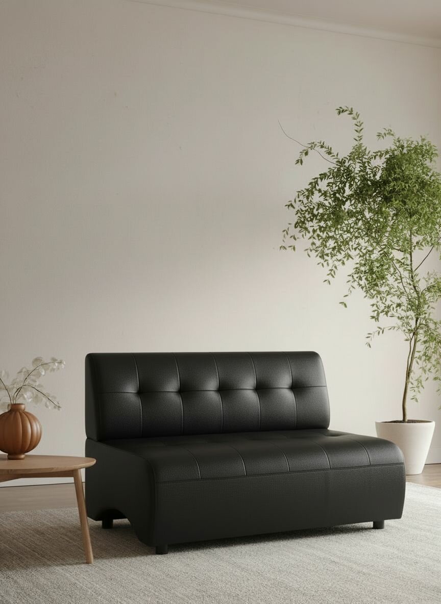 Диван прямой Вега без подлокотников черная кожа . Офис, дом, салон красоты, прихожая, гостиная, зона ожидания.