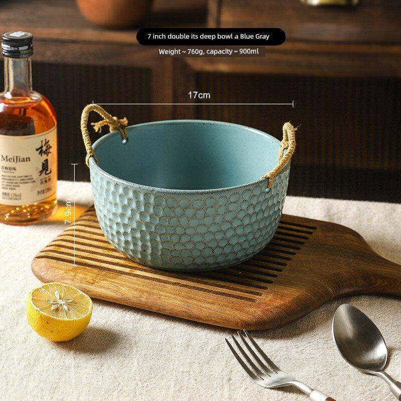 Ручная керамическая миска 7 дюймов для супа, салата и фруктов — Грубая глиняная посуда, большая вместимость