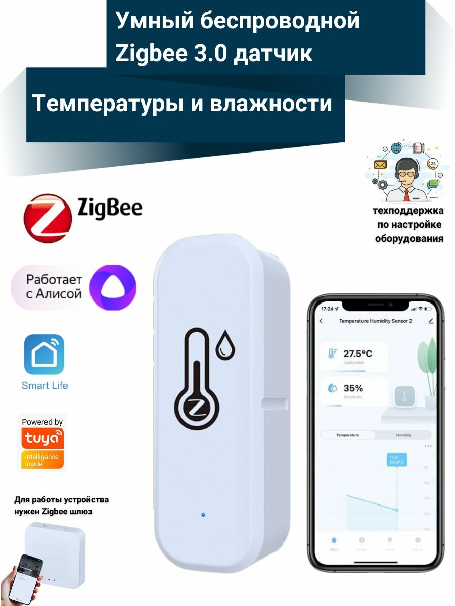 Умный беспроводной Zigbee датчик температуры и влажности с Алисой