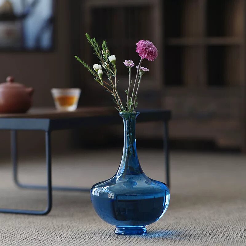 Декоративная ваза в японском стиле с синими цветами для гостиной, для цветочных композиций, для живых цветов,