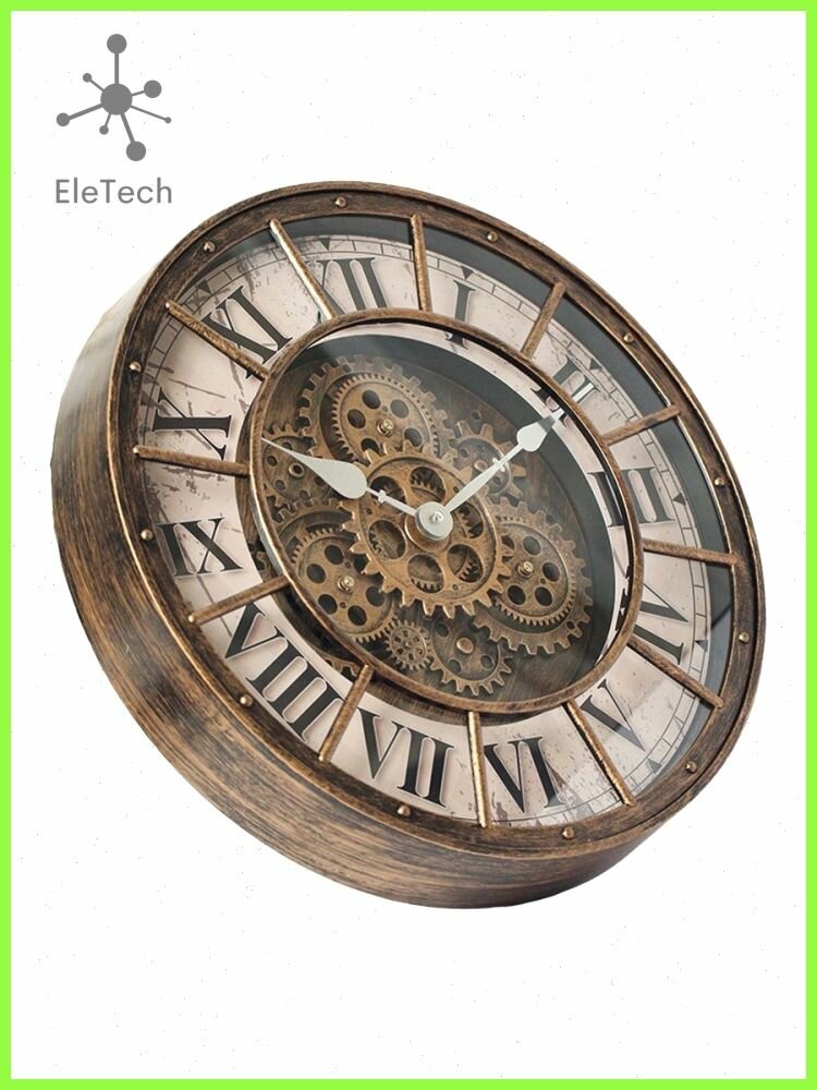 Настенные часы "Настенные часы в стиле ретро-индастриал, шестеренки будут вращаться", 46 см х 46 см