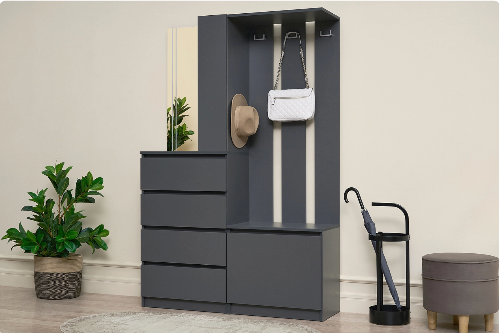 Прихожая графит с зеркалом 120см (ШхВхГ: 1203х1806х376 мм) универсальная сборка