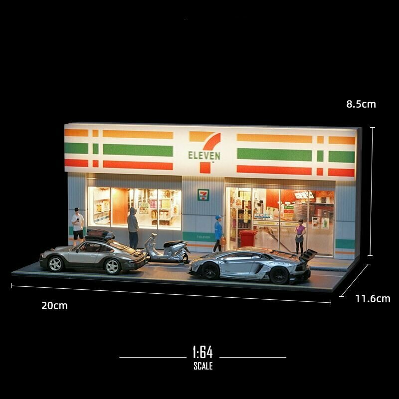 Реальный 1:64 миниатюрный Макдональдс, круглосуточный магазин 711, модель сцены здания супермаркета, уличная сцена на автостоянке