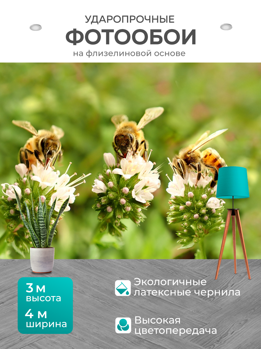 Фотообои моющиеся ударопрочные "Пчелы, насекомые, цветочная пыльца" 400x300 см. флизелиновые на стену