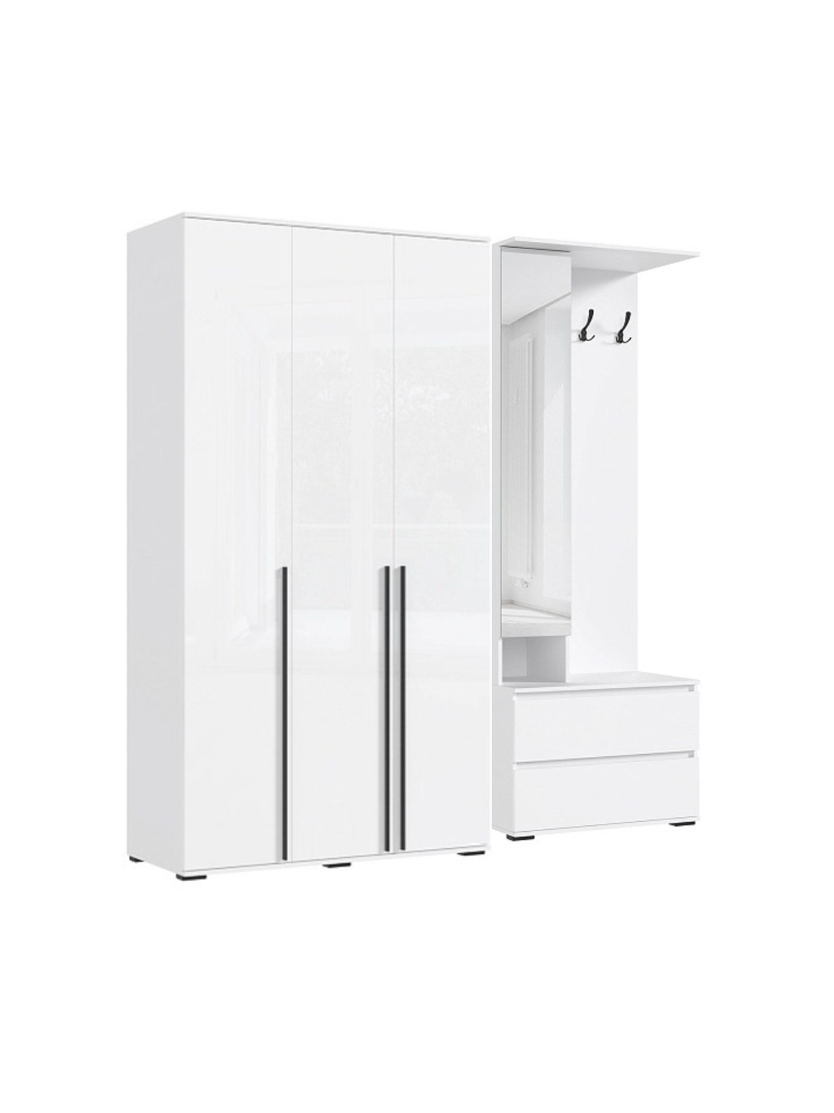 Прихожая центральная секция с зеркалом 2 ящика, шкаф трехстворчатый, Норд, 200х223.6х51 см, Белый / Белый глянец