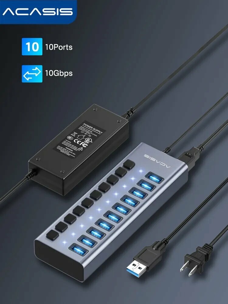 Acasis 10-портовый USB3.2 Gen2 концентратор 10Gbps, USB-B, адаптер питания EU 12V/4A, кнопки включения, алюминиевый корпус, для ПК и ноутбуков (HS-710MG-10G-EU)