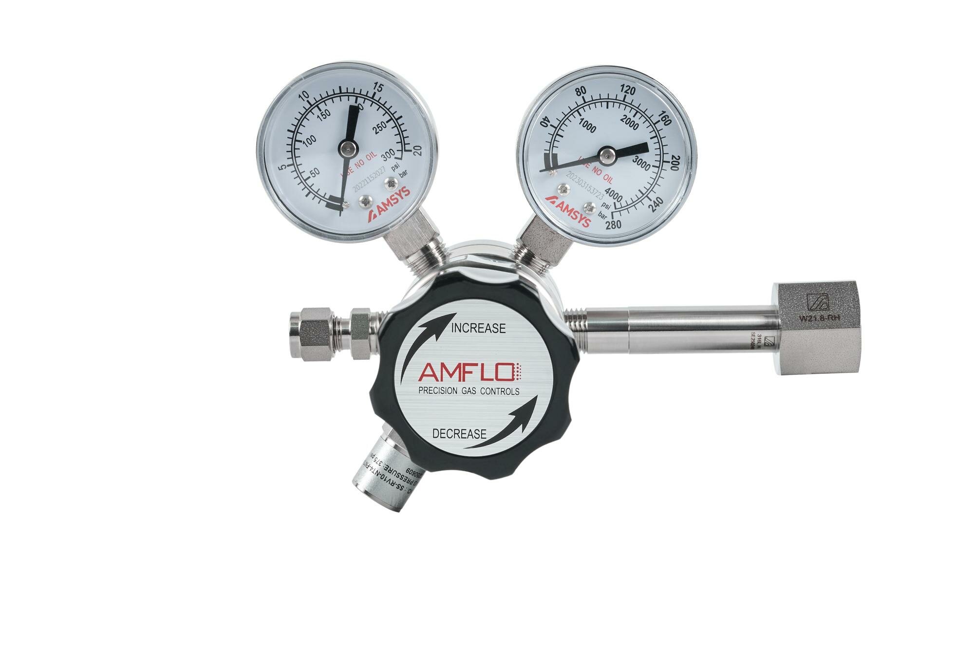 Регулятор баллонный двухступенчатый AMFLO никелированная латунь , 6-ти портовый с двумя манометрами, давление на входе до 206 бар. CV-0.08