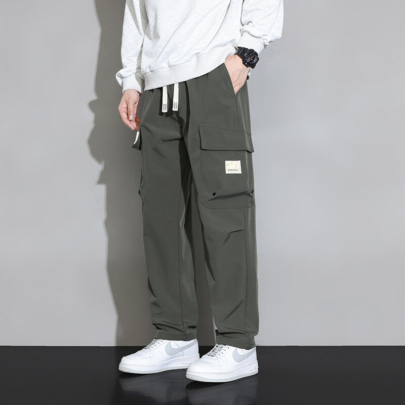 Хаки карго брюки для мужчин, свободные прямые, весна-осень, флис, эластичный пояс, стильные повседневные брюки для мужчин на осень