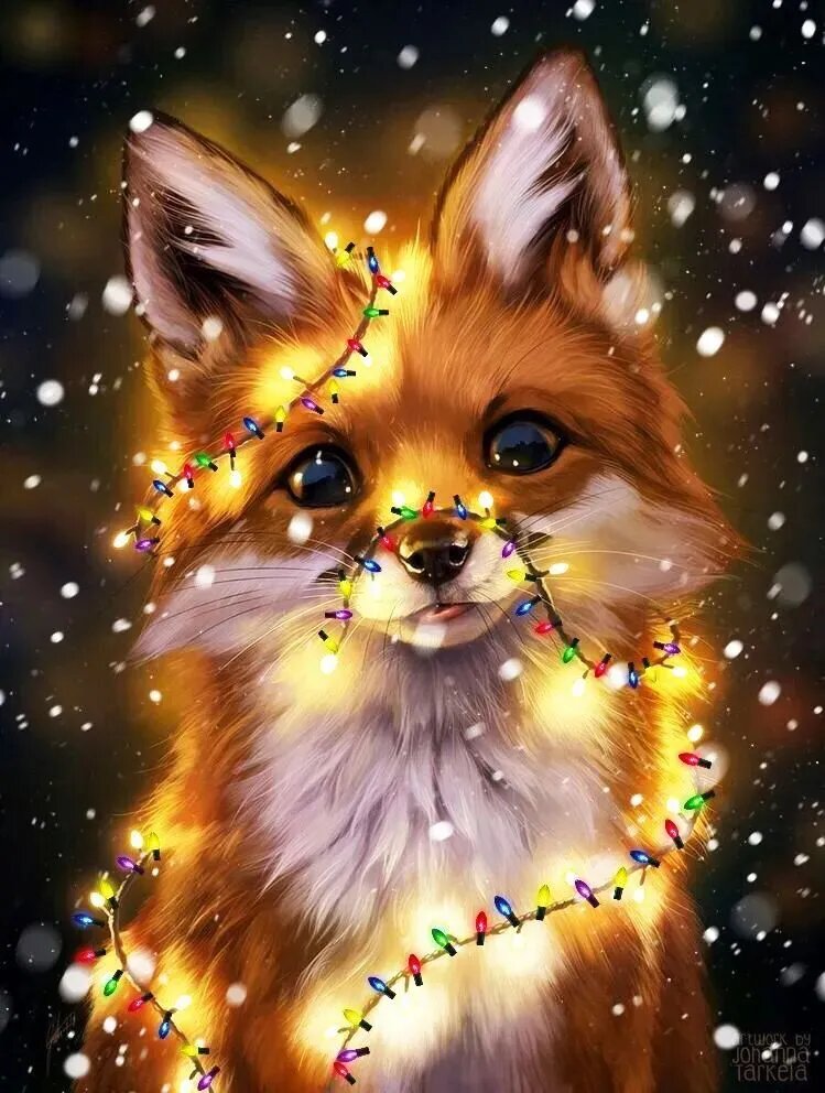 Алмазная Мозаика "Лисёнок с гирляндой Лиса в гирлянде Лисенок" 40*50 См, Безрамная, Идеальна Для Дома, Украшения, Подарков.