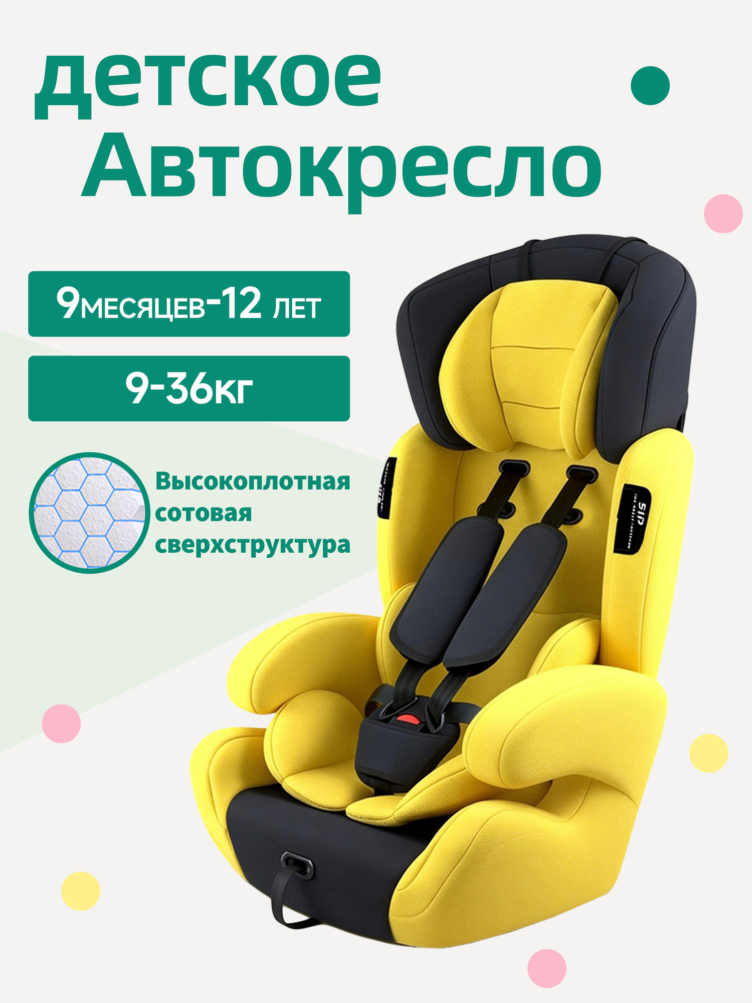 Детское автокресло 9-36 кг с пятиточечной пряжкой, дышащее ткань для детей от 9 месяцев до 12 лет.