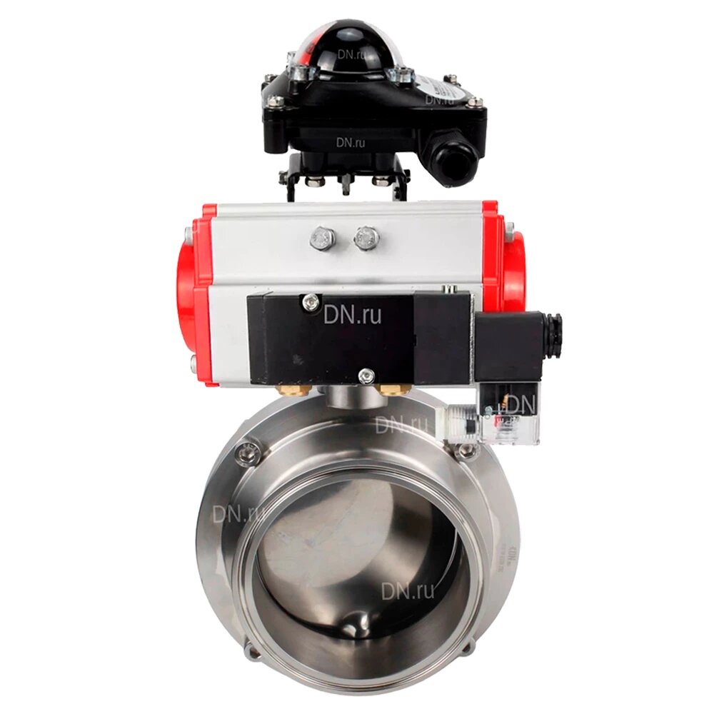 Затвор дисковый поворотный кламповый DN.ru 304-304-EPDM-2W-C-H Ду40 Ру10 корпус - пищевая нержавеющая сталь 304, уплотнение - EPDM, с пневмоприводом DN. ru DA-065, пневмораспределителем DN. ru PND2-S1EM-52-1NC-J08-220VAC и БКВ DN. ru LSB-210-02NM12-220/24