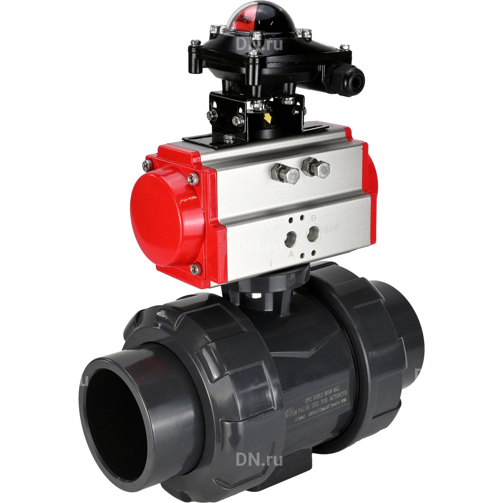 Кран шаровой DN.ru НПВХ-НПВХ-E-FP-GRM-ISO Дн15 Ру10 полнопроходной, корпус - НПВХ, шар - НПВХ, уплотнение - EPDM, с пневмоприводом SA-052 и БКВ LSB-210-02NM12-220/24