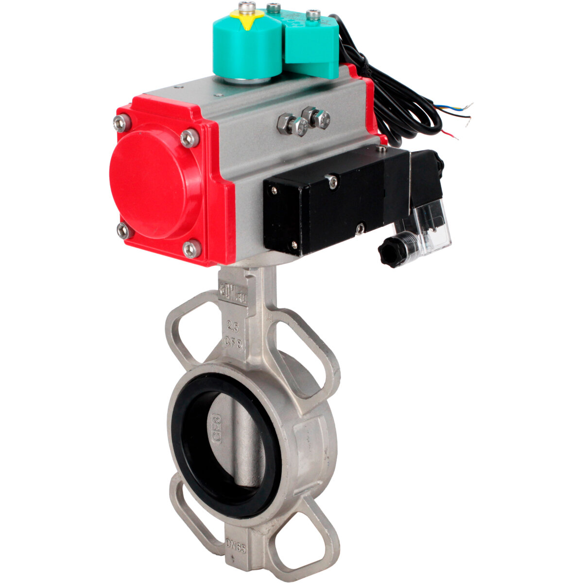 Затвор дисковый поворотный DN. ru 304-304-VITON-2W-Fb-H Ду100 Ру16 корпус - нерж. сталь 304, диск - нерж. сталь 304, уплотнение - VITON, с пн. приводом DA-083, пн. распределителем PND2-S1EM-52-1NC-J08-24VDC и магнитным переключателем МППП-200