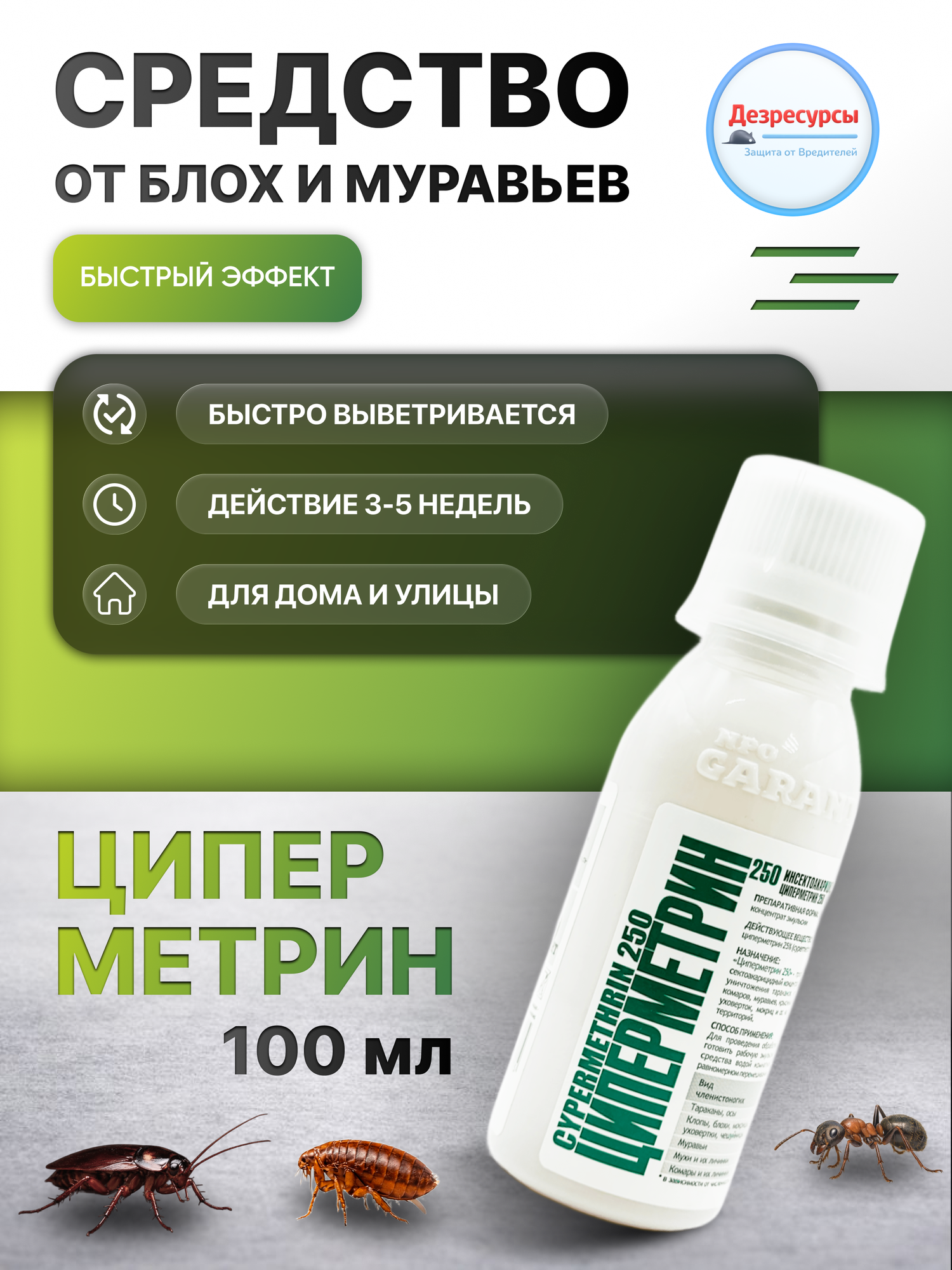 Циперметрин 250, 100 мл, средство от клещей и комаров, блох, тараканов