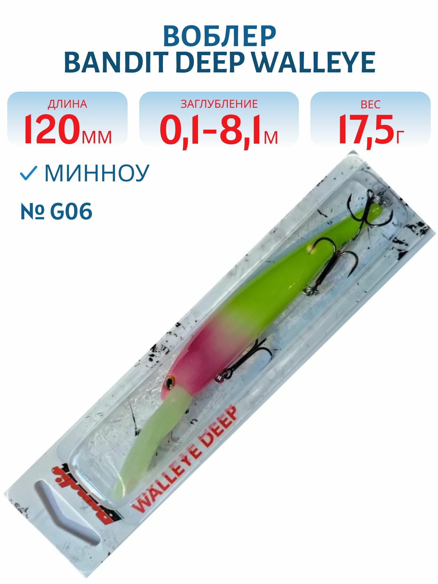 Воблер BANDIT DEEP WALLEYE, 120 мм, 17,5 гр, цвет G06