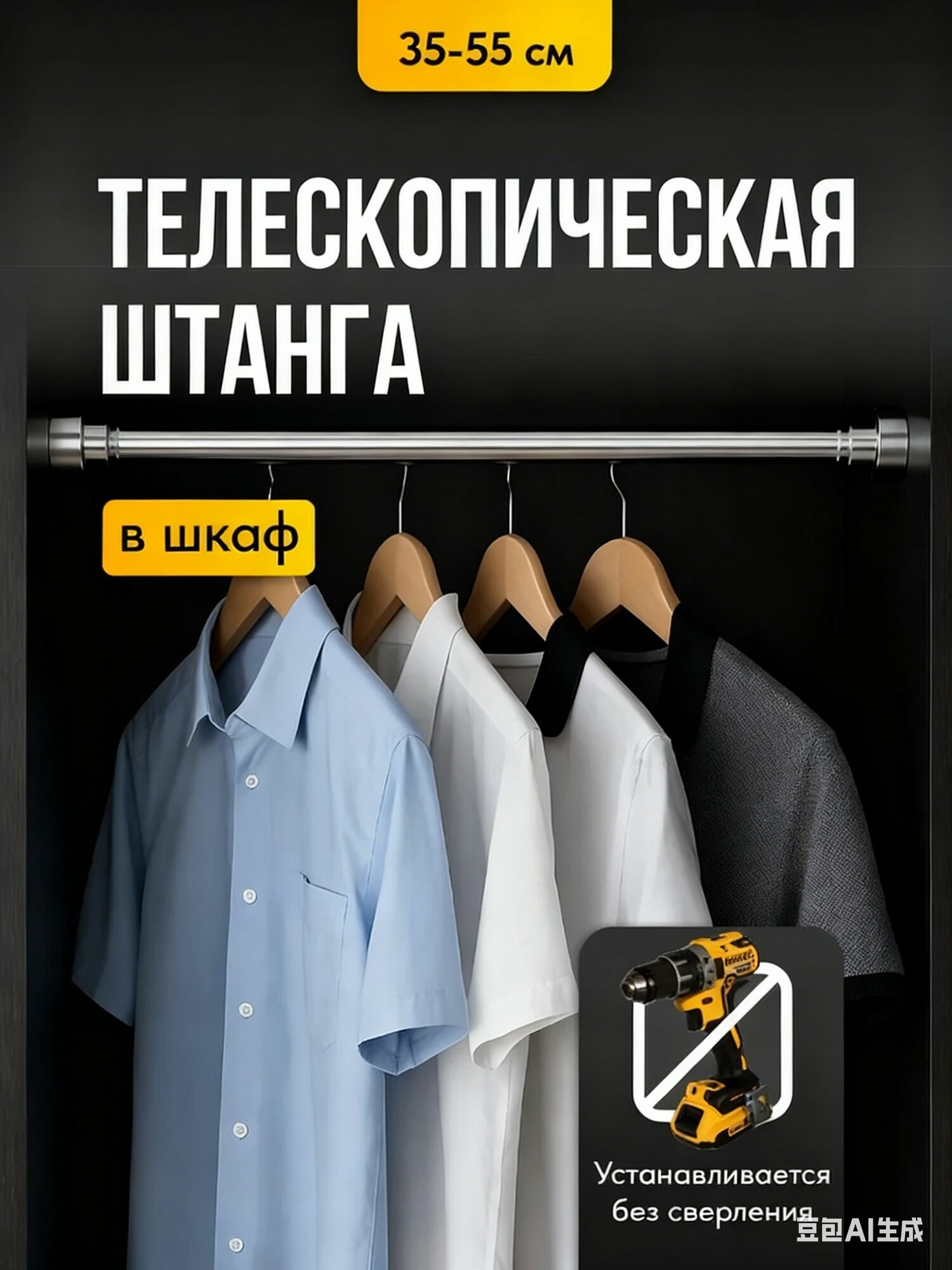 Телескопическая штанга в шкаф для одежды Birdhouse 35–55 см, раздвижная перекладина для гардеробной и прихожей