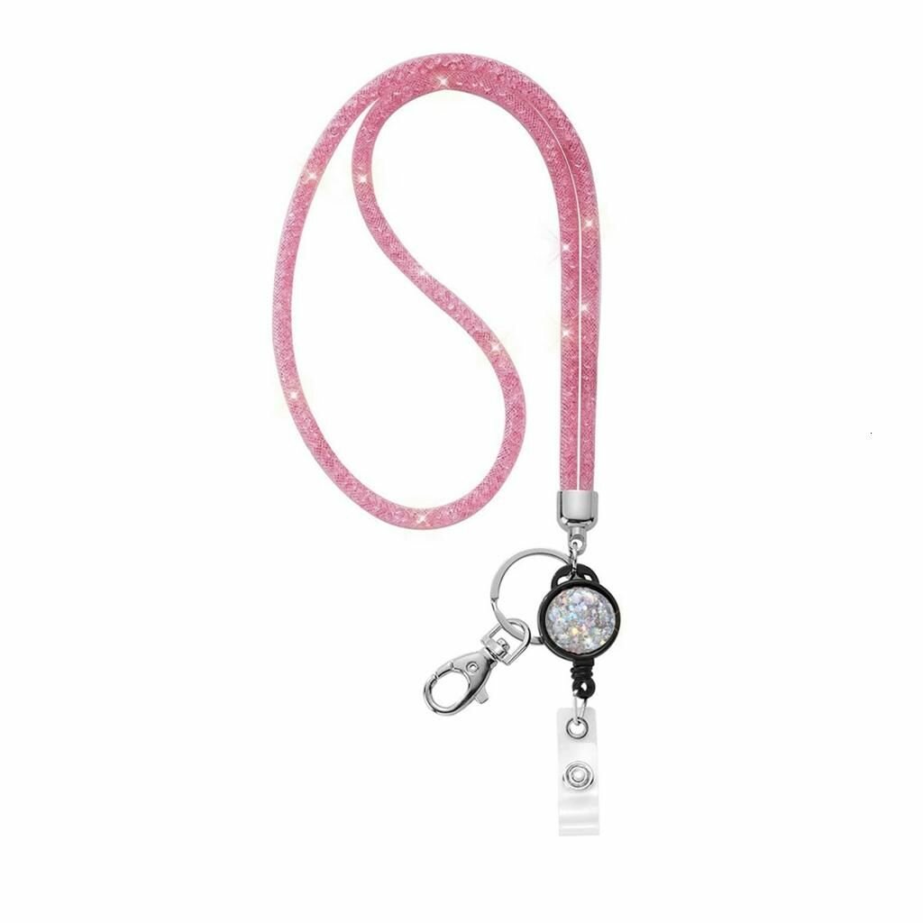 Выдвижной шнурок с кристаллами для ключей и бейджа, Розовый.