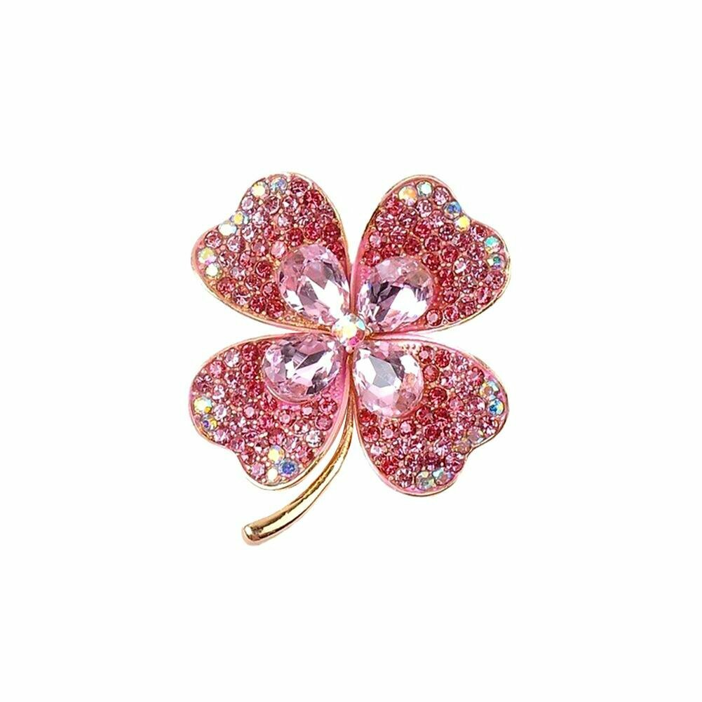 Зеленый брошь из латуни с кристаллами - символ счастья, 4*3.5 см, подарок на любой праздник