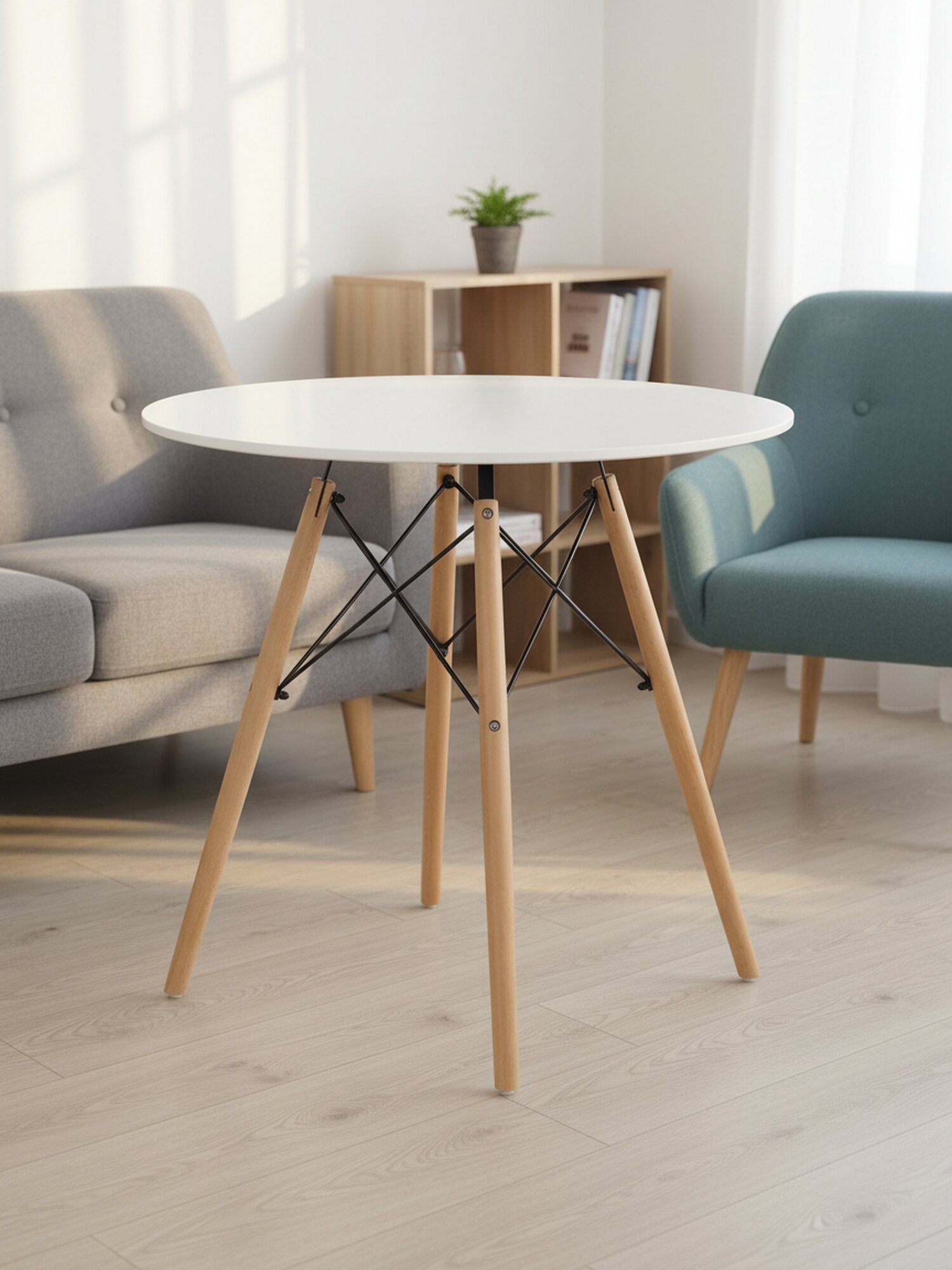 Круглый обеденный стол Фэшн 80 см белый МДФ на деревянных ножках лофт YTST-001d80-wht