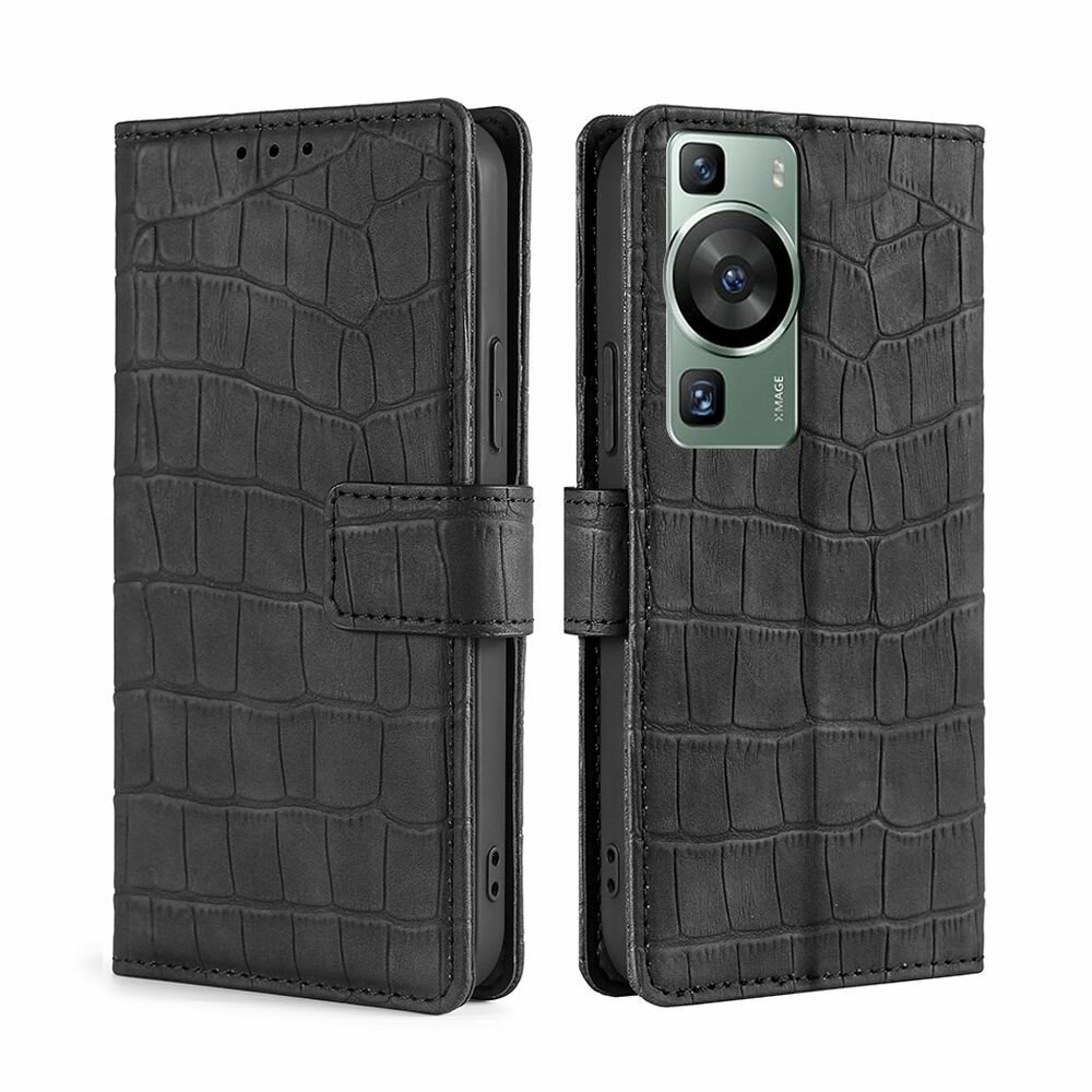 Чехол-книжка MyPads для Huawei P60 / P60 Pro / Хуавей П60/П60 Про черный крокодиловая кожа
