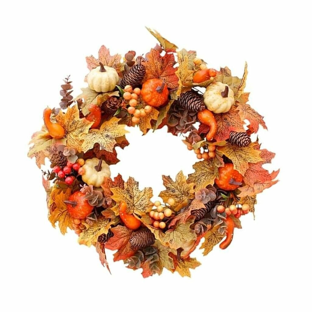Искусственный венок из ротанга с тыквами, ягодами, шишками и кленовыми листьями для украшения дома на Хэллоуин, День Благодарения и осень, 40cm
