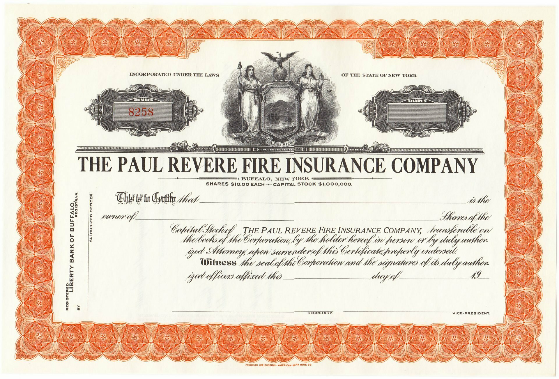 Акция США The Paul Revere Fire Insurance Company BUFFALO