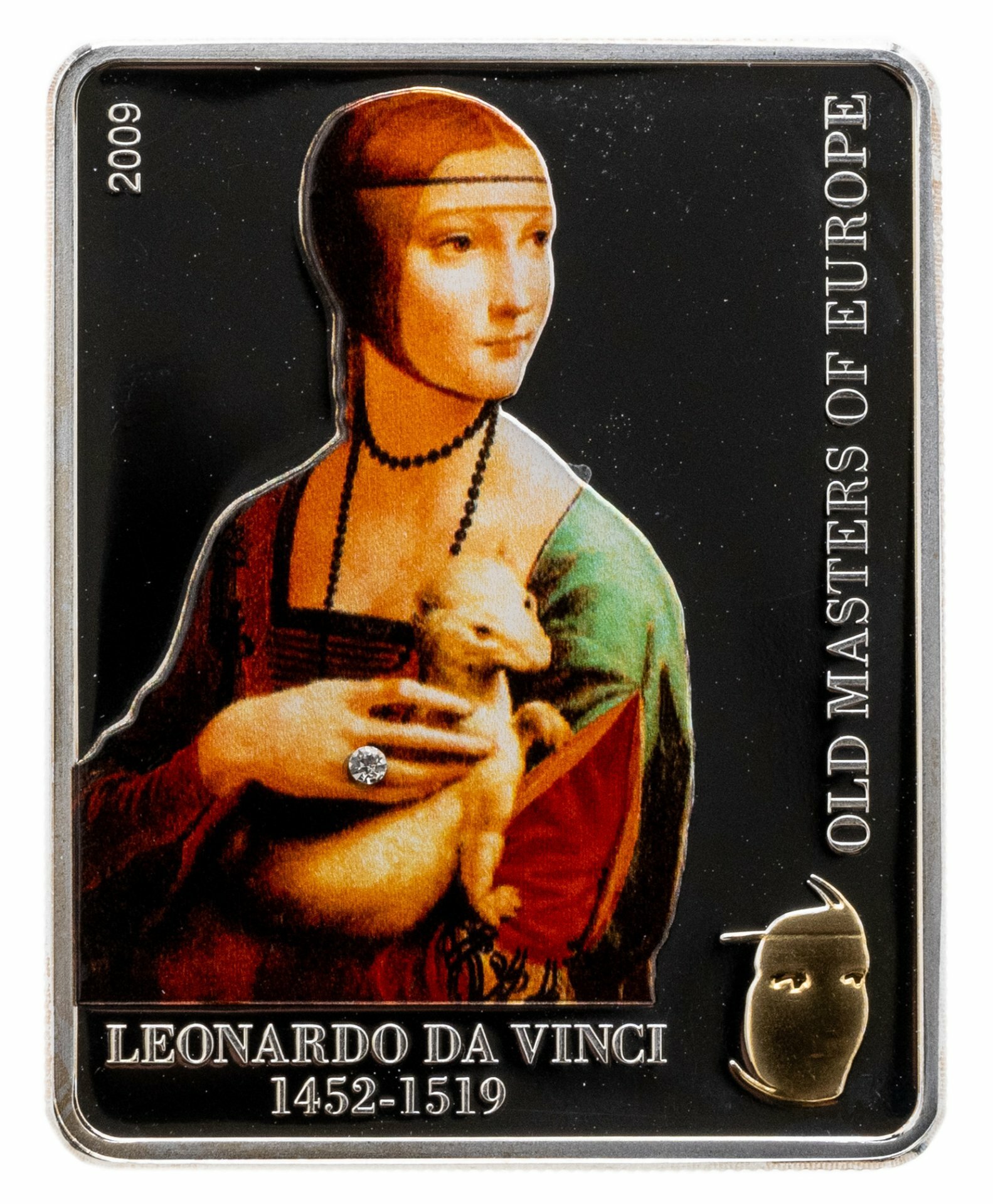 Острова Кука 5 долларов 2009 "Леонардо да Винчи - Дама с горностаем" золотая маска, Серебро 925, в сохранности Proof