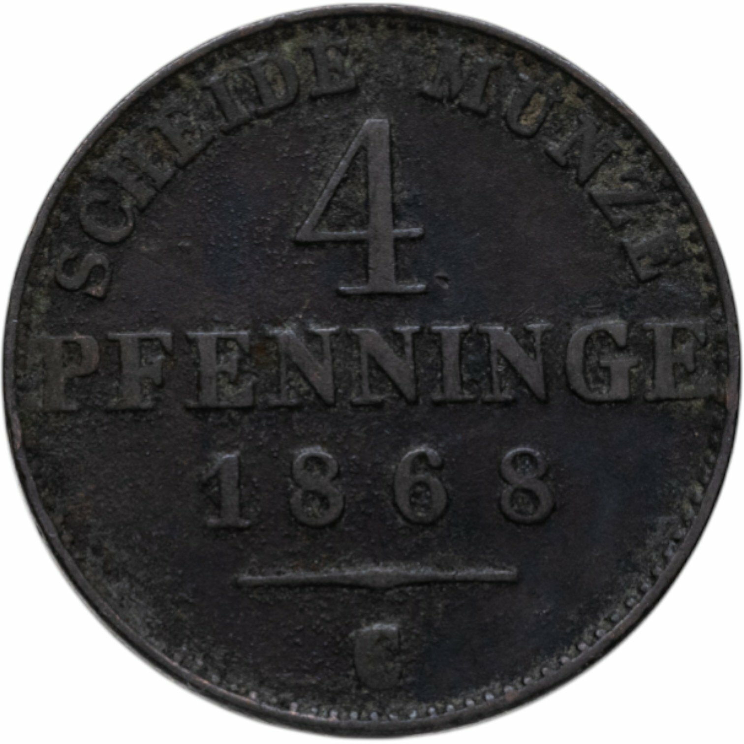 Пруссия 4 пфеннига pfennige 1868 C, Медь, в сохранности XF