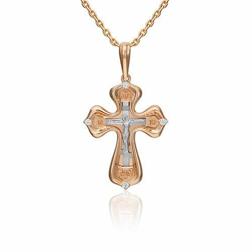 Крестик, комбинированное золото, 585 проба, родирование, фианит