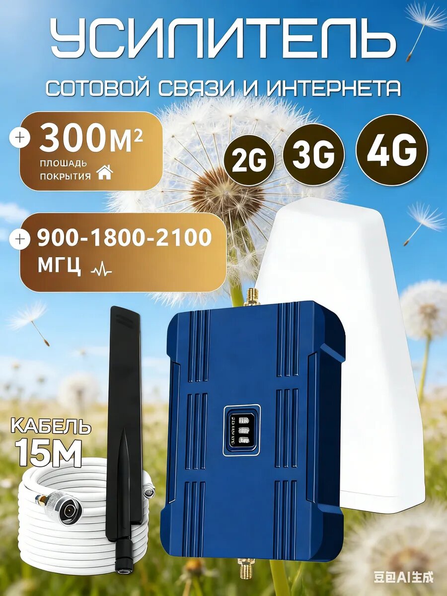 Усилитель сотовой связи 900/1800/2100 МГц (2G/3G/4G): до 70 км, направленный, синий, 1.3 кг