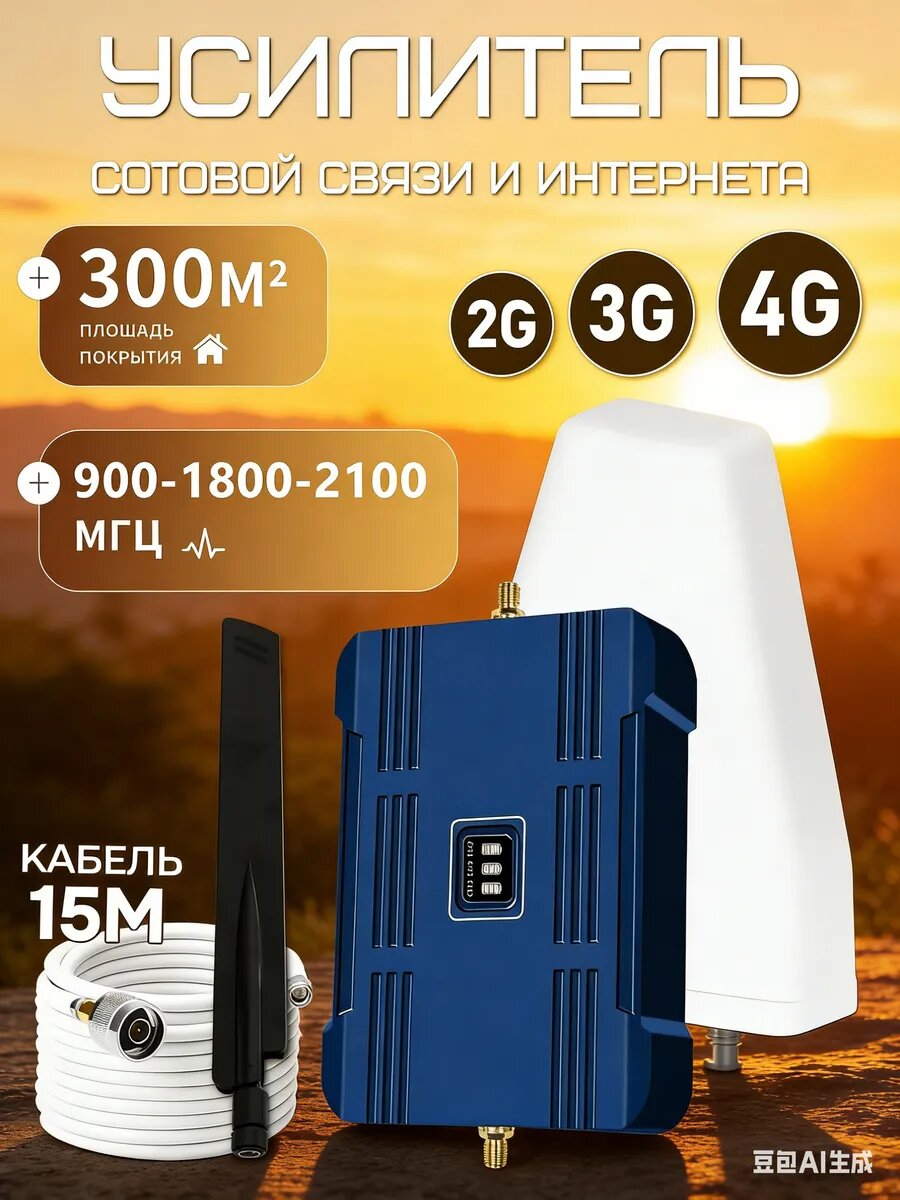 Усилитель сотовой связи 900/1800/2100 МГц (2G/3G/4G): до 70 км, направленный, синий, 1.3 кг